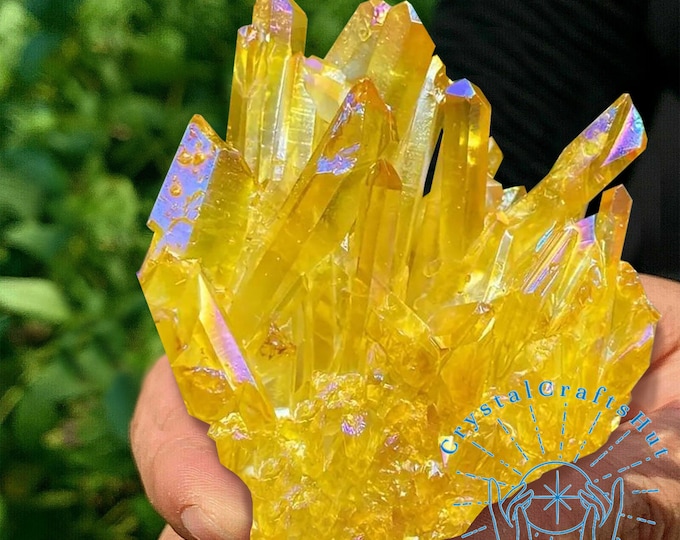 Raw Yellow Titanium Rainbow Cluster Natural Rough Quartz Crystal ...
