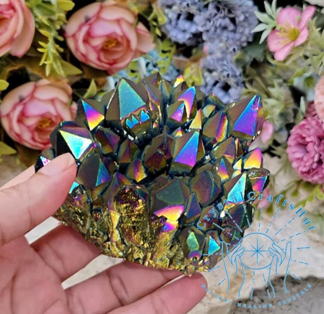 Heart of Steel Raw Titanium Rainbow Aura Quartz Cluster Stunning ...