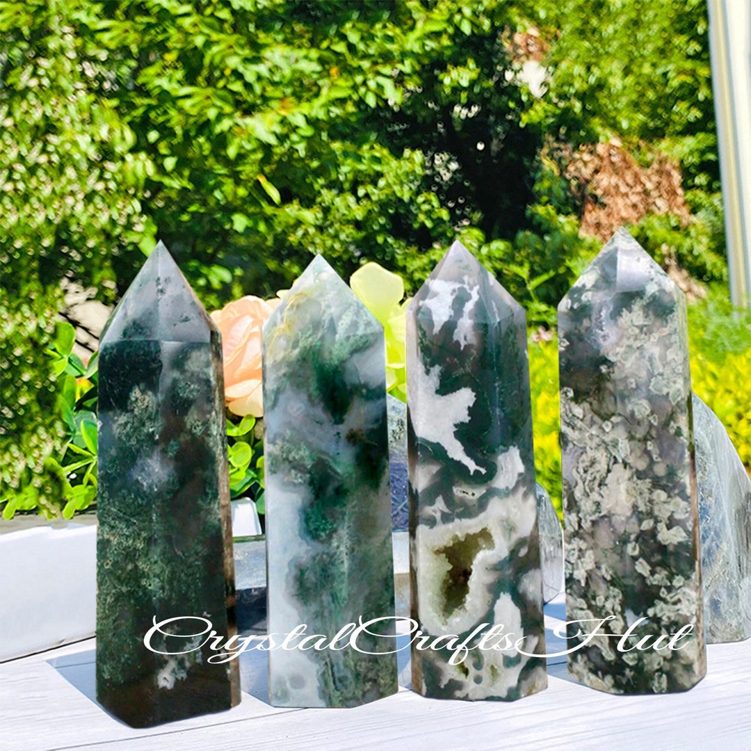 Natural Moss Agate Gemstone Tower Point- Green Agate Crystal Obelisk ...