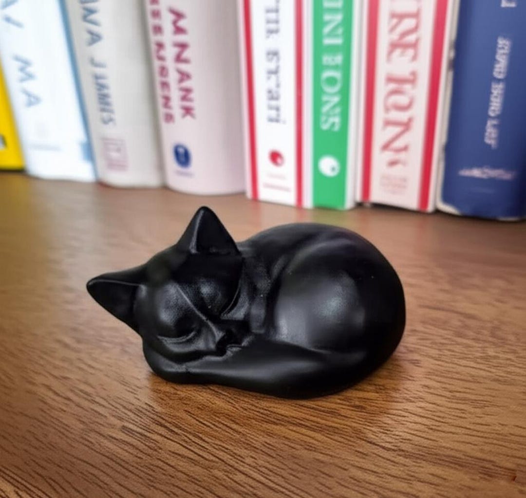 Big Black Cat Obsidian Figurine, Hand-carved Obsidian Cat Figurine, Mini Memorial Cat Statue ...