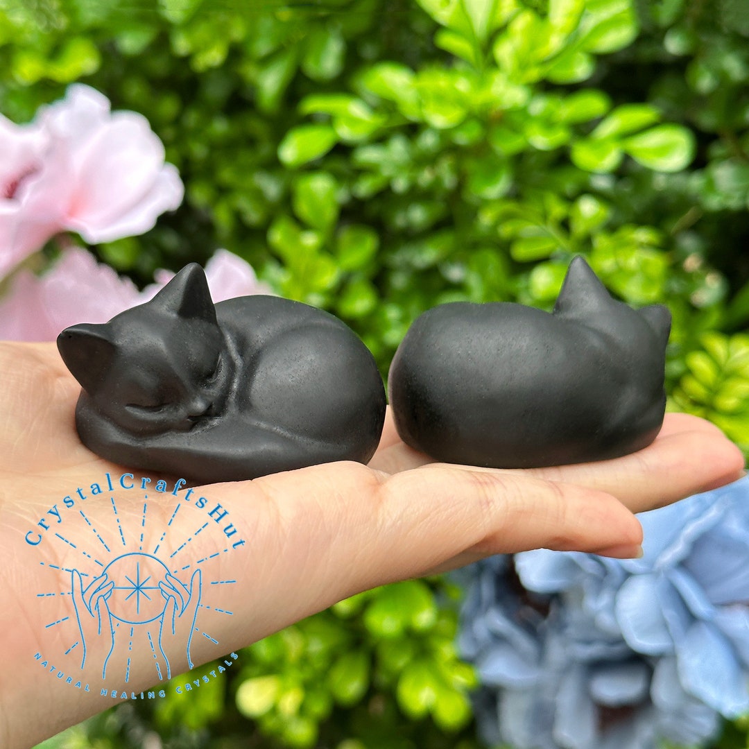 Black Obsidian Kitten Cat Figurine Hand Carved Miniature Stone Animal Figures Cute Cat Statue ...