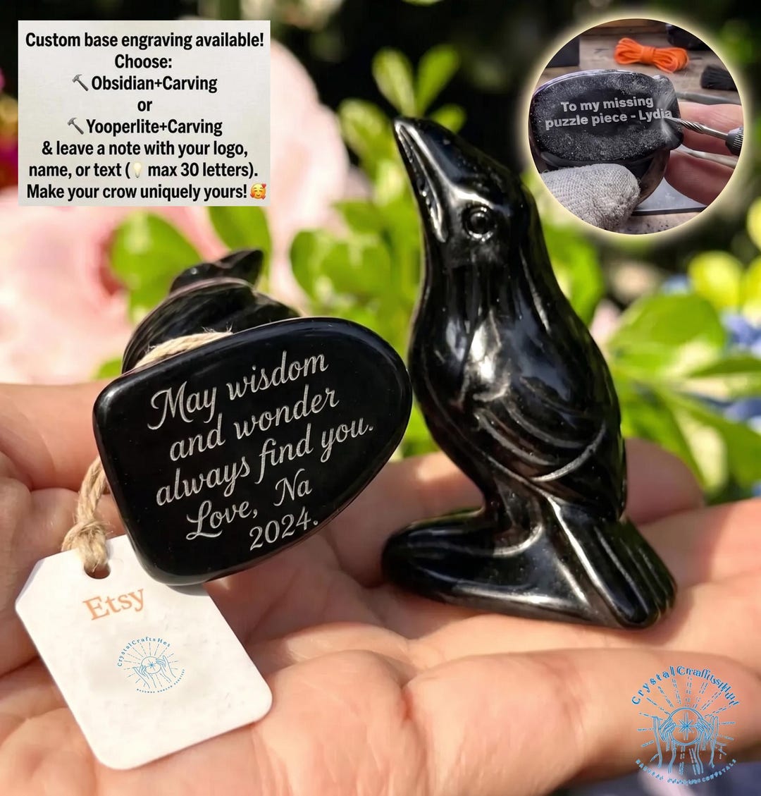 Natural Obsidian Crow Figurine - Miniature Stone Raven Bird Statue Home ...