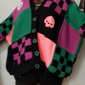 Skull Patchwork Cardigan Unique Monster High Halloween-inspired Oversized Crochet Sweater ...