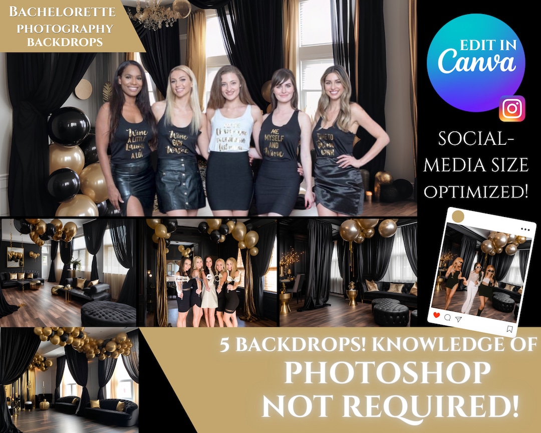 5 Bachelorette Digital Backdrops | Digital Backgrounds | Black and Gold Backdrop | Social Media ...