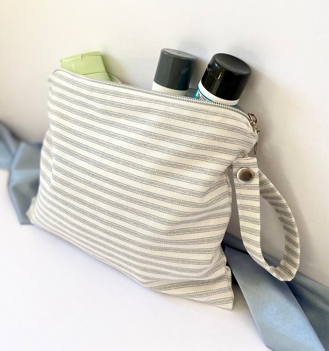 Canvas Wet Bag, Nautical Swimsuit Bag, Blue Stripe Waterproof Bag, PUL ...