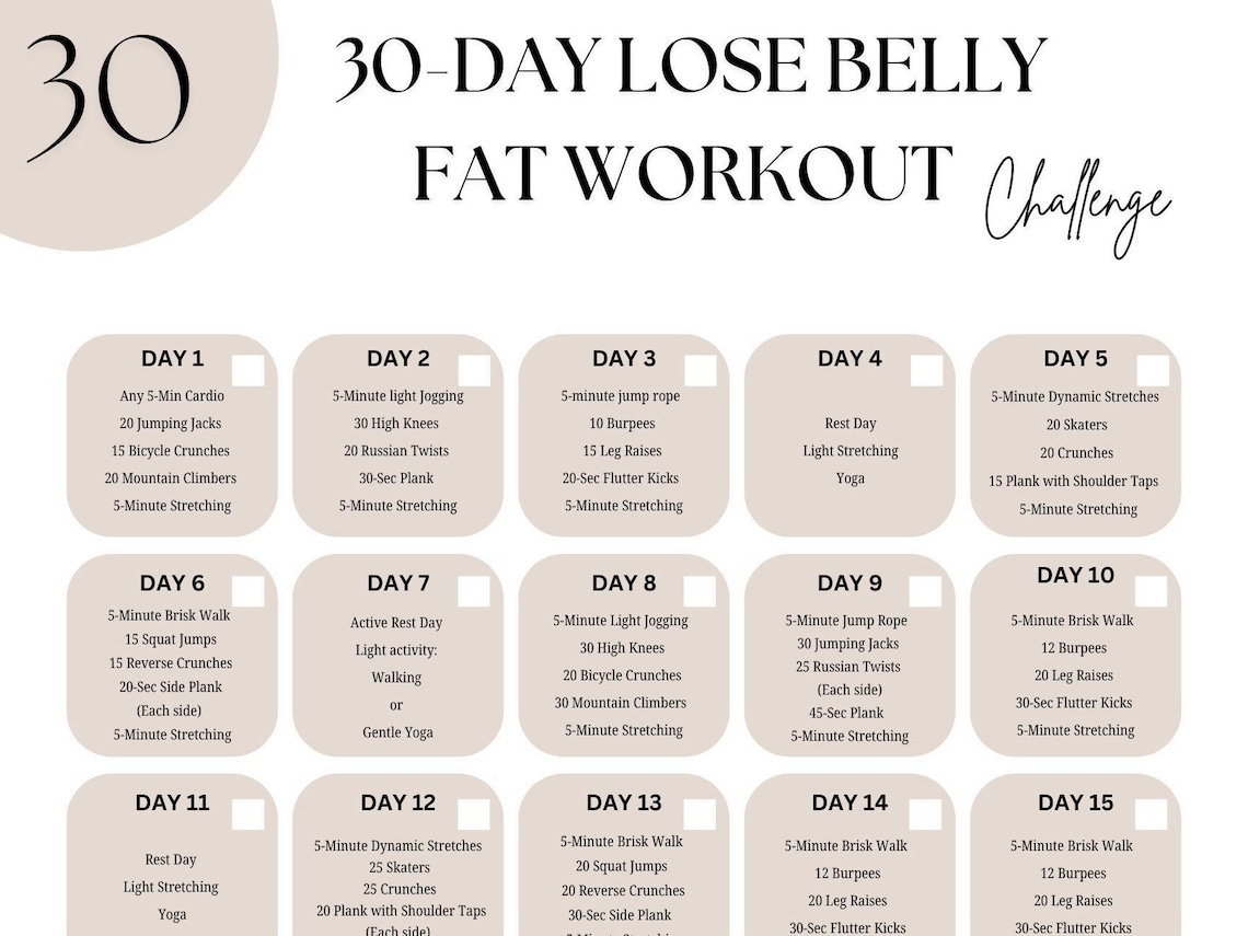 30-day Lose Belly Fat Challenge Printable Workout Plan Home Exercise ...
