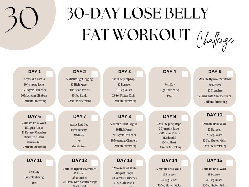30-day Lose Belly Fat Challenge Printable Workout Plan Home Exercise ...