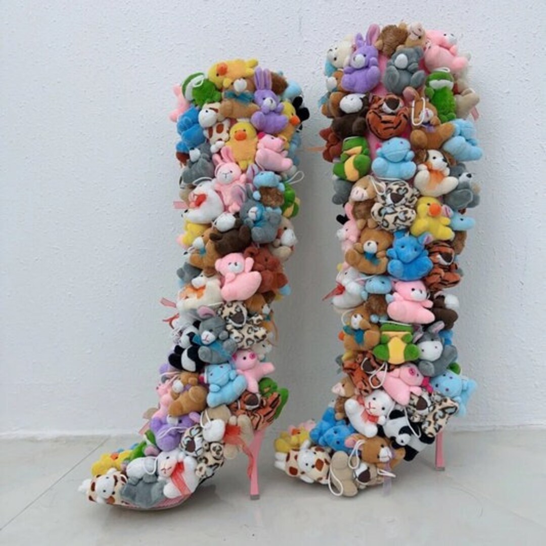 Knee High Teddy Bear Boots Heeled Plush Animal Booties Pink - Etsy