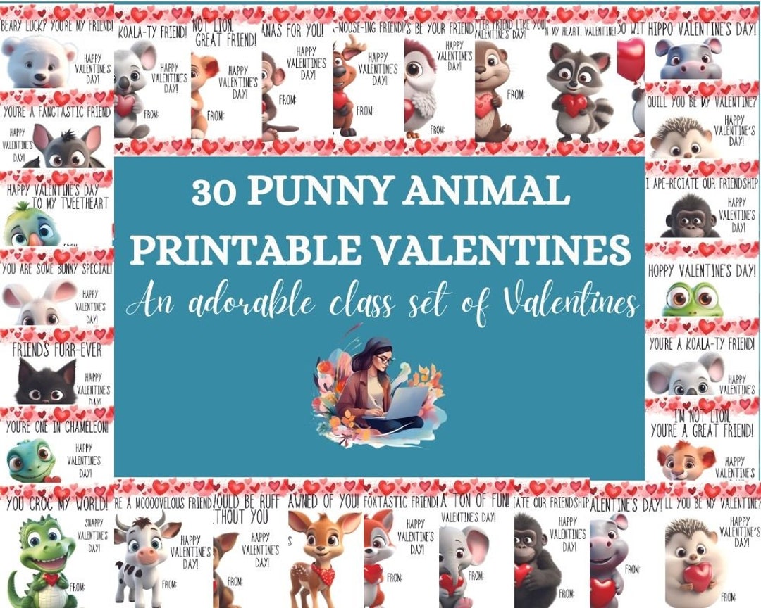 30 Printable Animal Valentines for Class Valentines Funny 3D Cartoon ...
