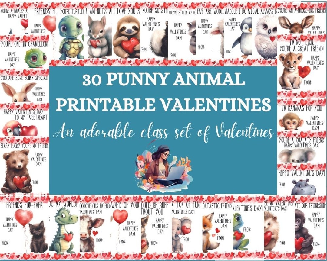 Printable Animal Valentines for Classroom Funny Watercolor Style Animal ...
