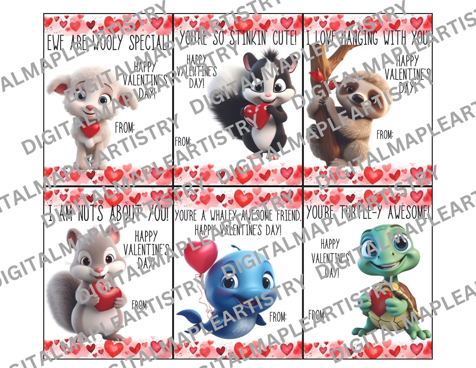 30 Printable Animal Valentines for Class Valentines Funny 3D Cartoon ...