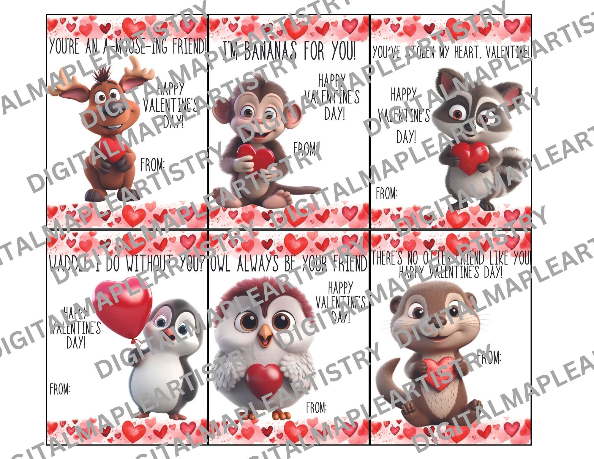 30 Printable Animal Valentines for Class Valentines Funny 3D Cartoon ...
