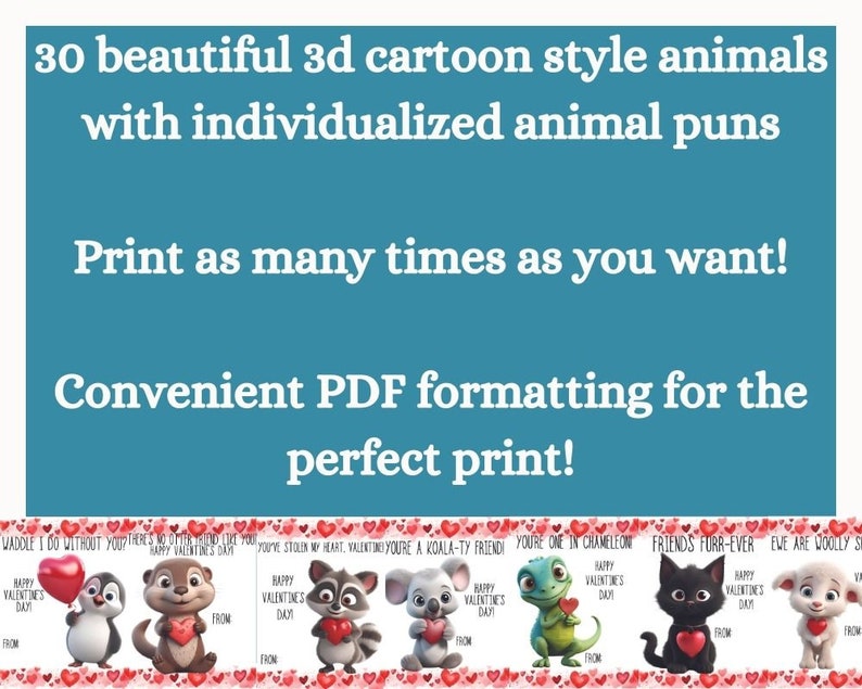 30 Printable Animal Valentines for Class Valentines Funny 3D Cartoon ...