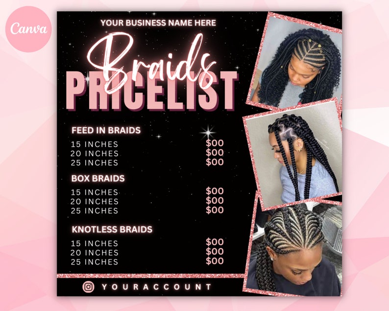 Braids Price List Flyer Templates, Beauty Salon Hair Stylist Pricing ...