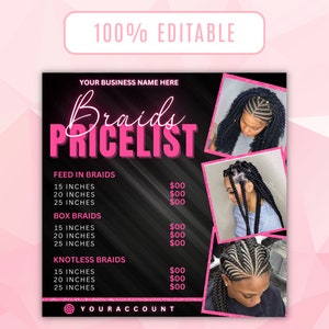 Braids Price List Flyer Templates, Beauty Salon Hair Stylist Pricing ...