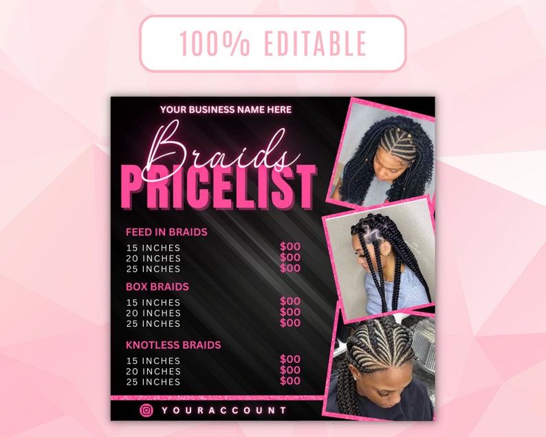 Braids Price List Flyer Templates, Beauty Salon Hair Stylist Pricing ...