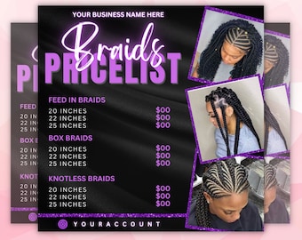 Braids Price List Flyer Templates, Beauty Salon Hair Stylist Pricing ...