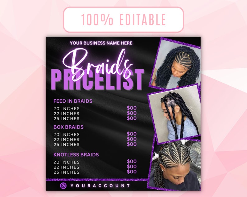 Braids Price List Flyer Templates, Beauty Salon Hair Stylist Pricing ...