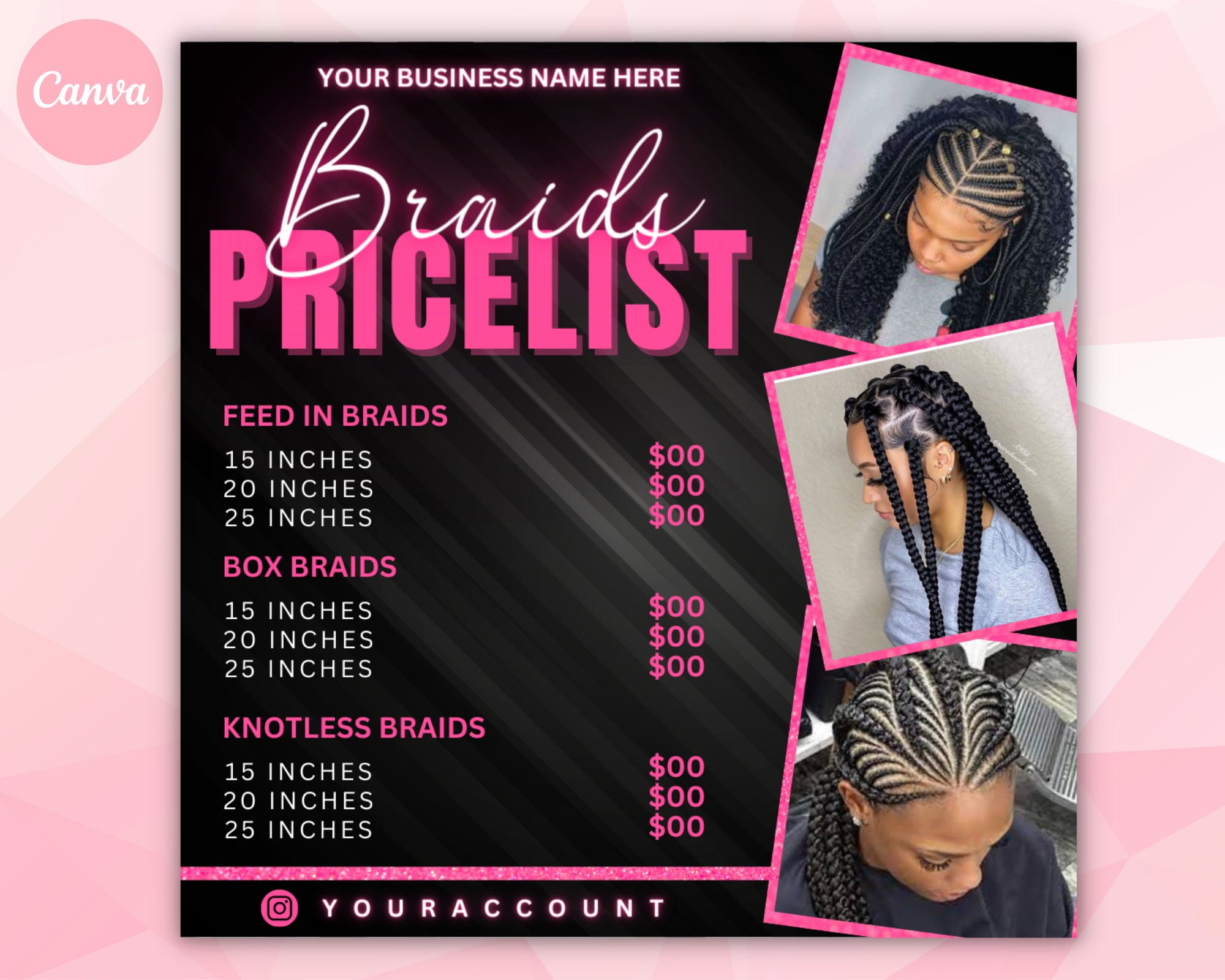 Braids Price List Flyer Templates, Beauty Salon Hair Stylist Pricing ...