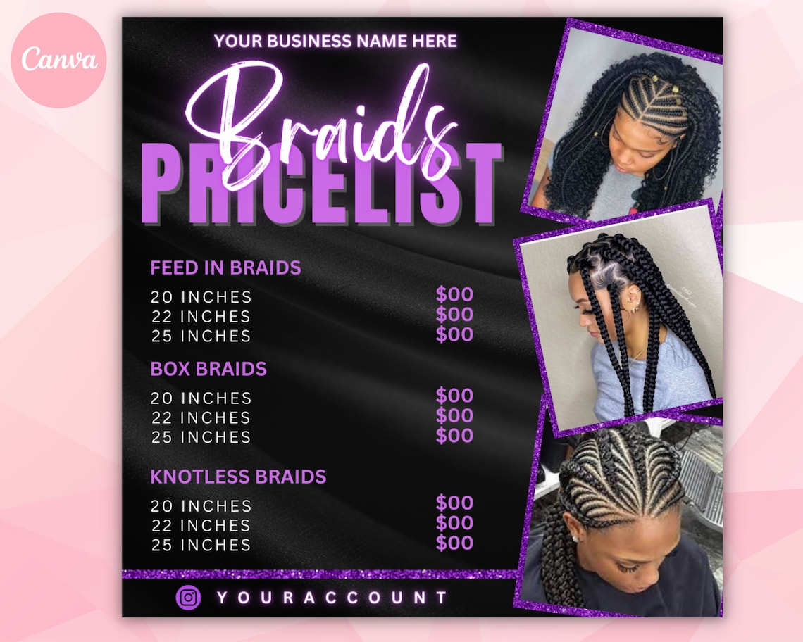 Braids Price List Flyer Templates, Beauty Salon Hair Stylist Pricing ...