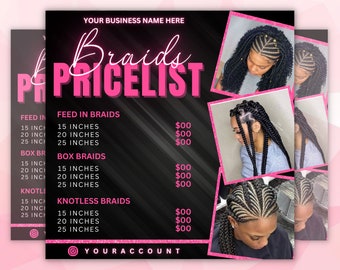 Braids Price List Flyer Templates, Beauty Salon Hair Stylist Pricing ...