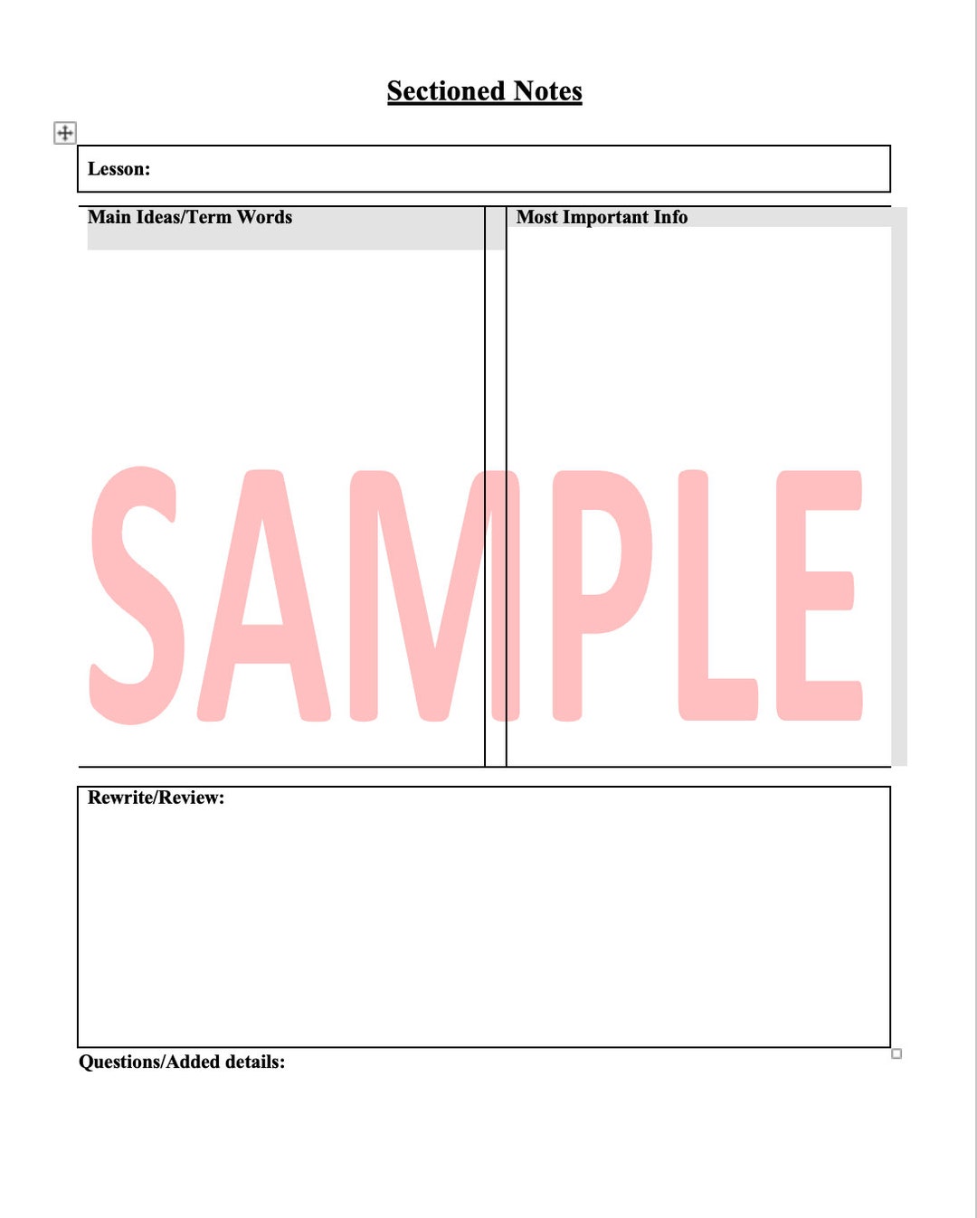 Note Taking Template Withsections - Etsy