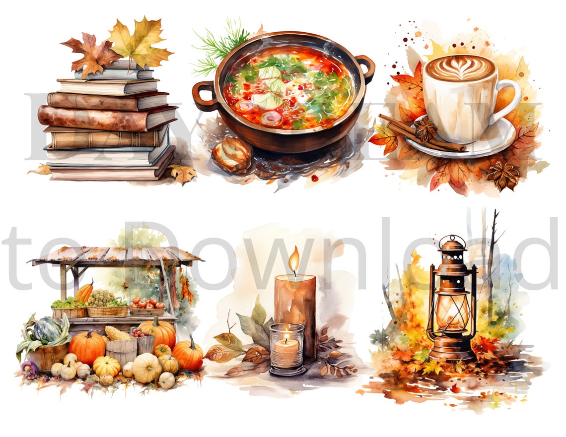 Cozy Autumn Clip Art, Watercolor Autumn Clip Art, Png Format With ...