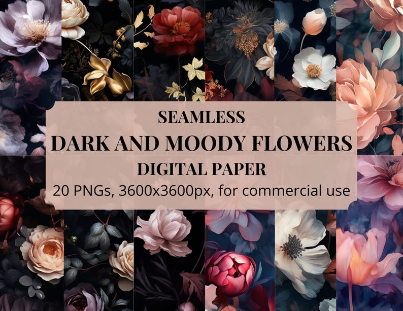 Seamless Dark and Moody Flowers, Seamless Florals, Instant Download ...