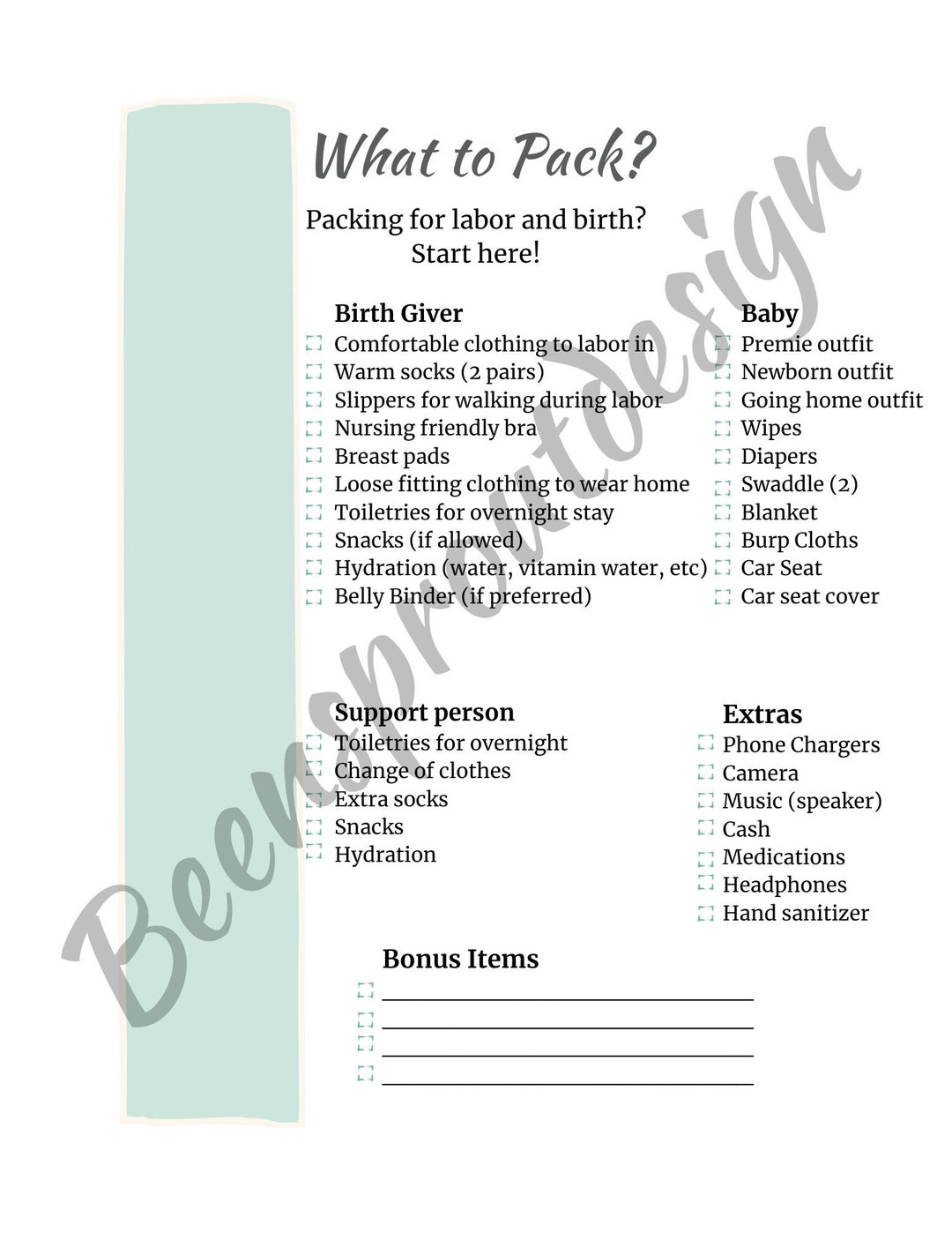 What to Pack - Labor - Etsy