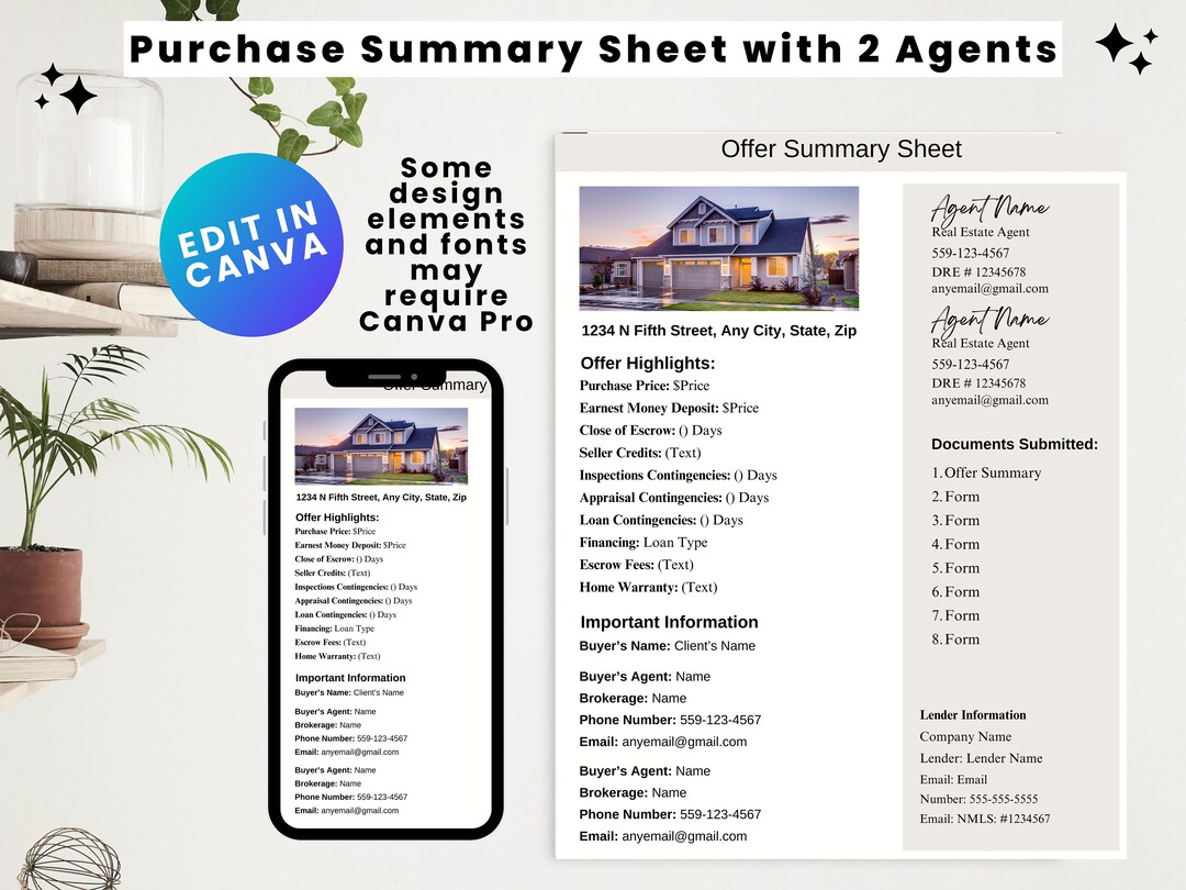 Purchase Summary Sheet With 2 Agents - Etsy