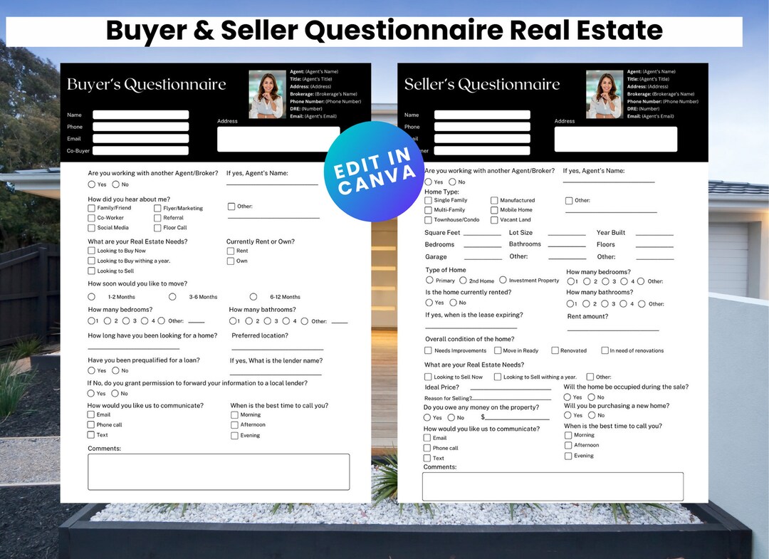 Buyer & Seller Questionnaire Real Estate Canva Template (digital File ...