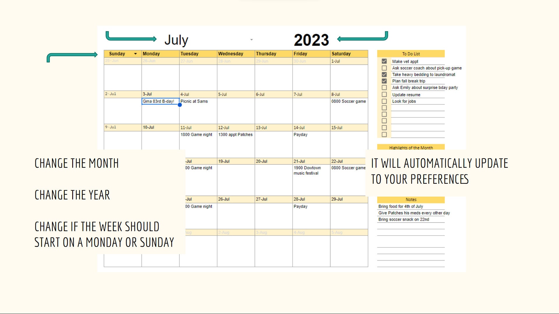 Monthly Editable Calendar | Google Sheets Spreadsheet | Digital ...