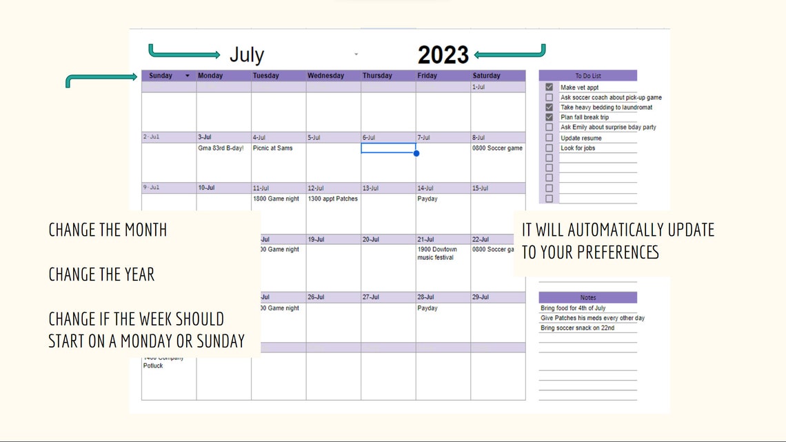 Monthly Editable Calendar | Google Sheets Spreadsheet | Digital ...
