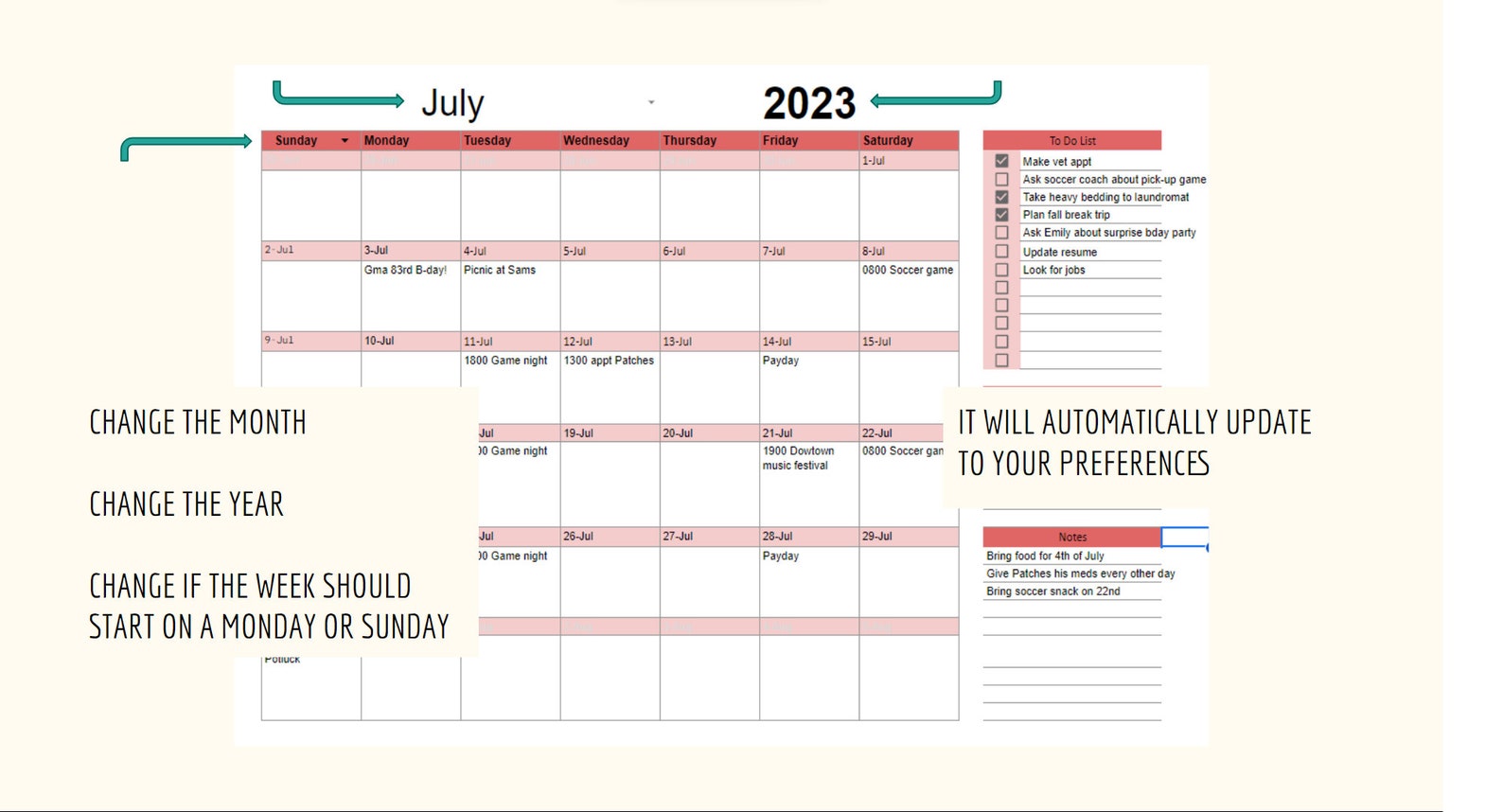 Monthly Editable Calendar | Google Sheets Spreadsheet | Digital ...