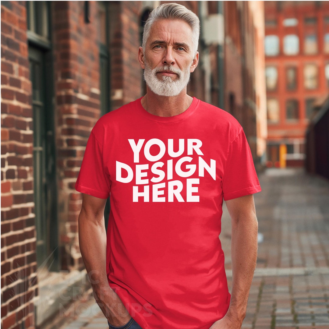 Red Senior Old Man Gildan 64000 Mockup Tshirt Men, G64000 POD Urban ...