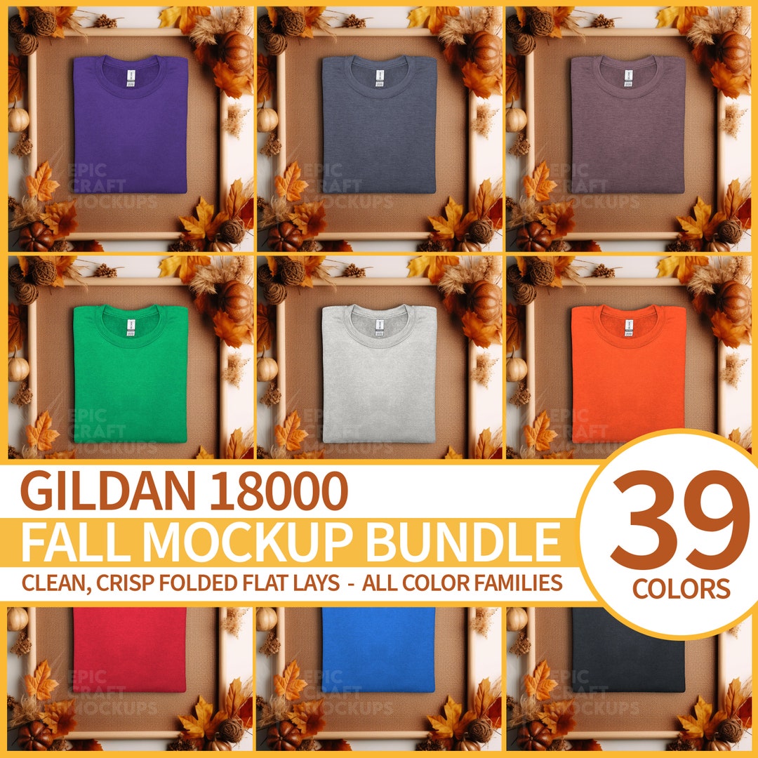 Gildan 18000 Mockup Folded Bundle Flat Lay Multiple Colors Fall, 18000 ...