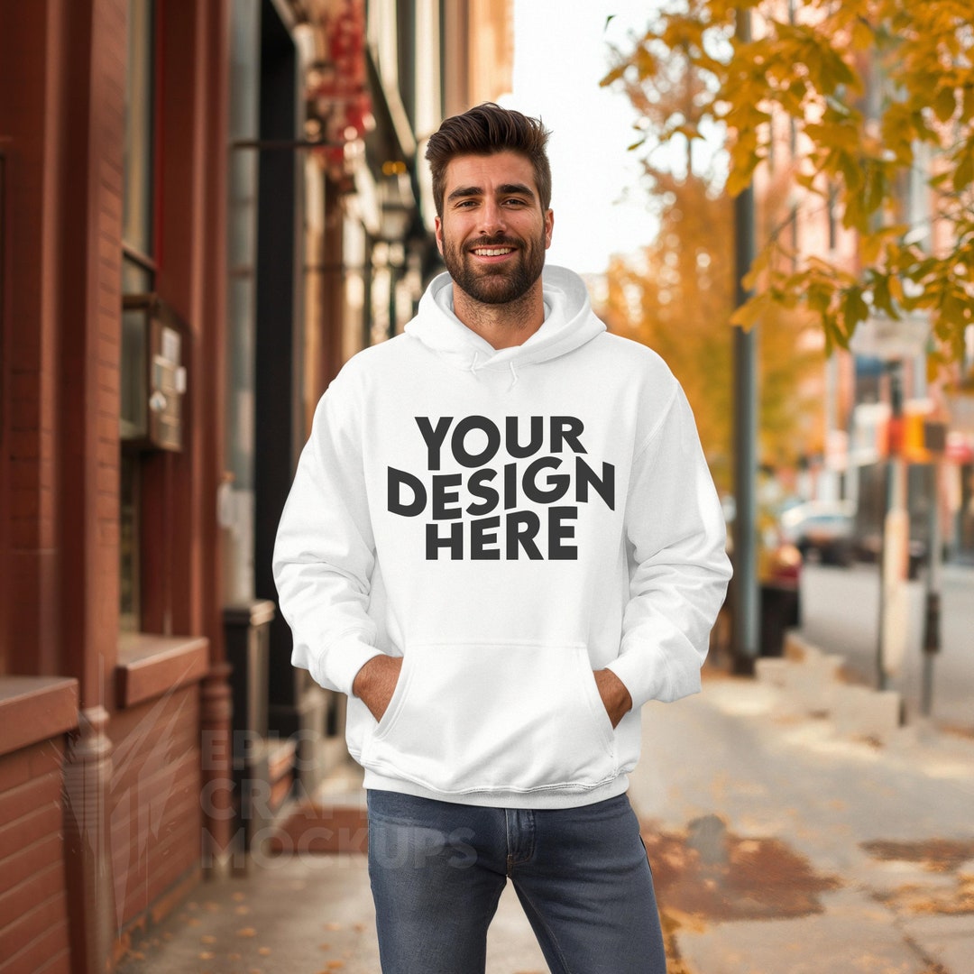 White Gildan 18500 Mockup Hoodie Man, POD G18500 Hoodie Mock up Model ...