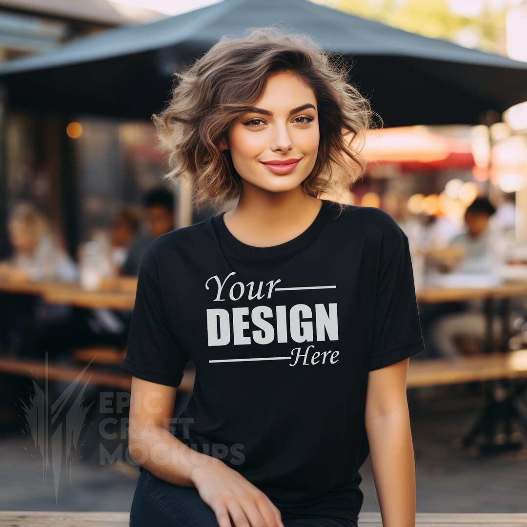 Gildan 64000 Mockup Brunette Woman Model Black Tshirt Mockup, Outdoor ...