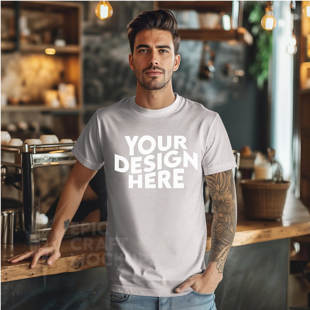 Heather Cool Grey Bella Canvas 3001 Mockup Tshirt Man Indoors Coffee ...