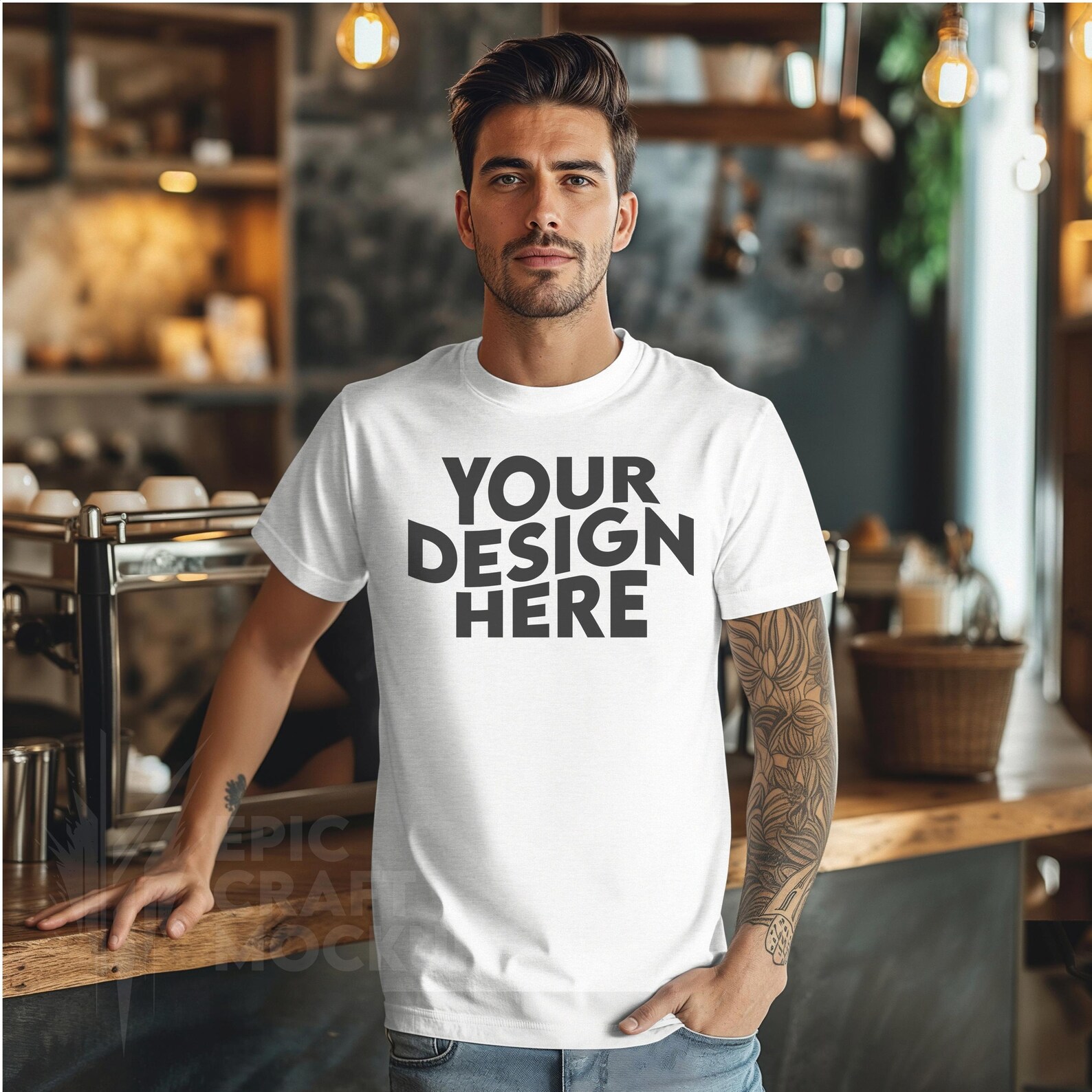 Solid White Blend Bella Canvas 3001 Mockup Tshirt Man Indoors Coffee ...