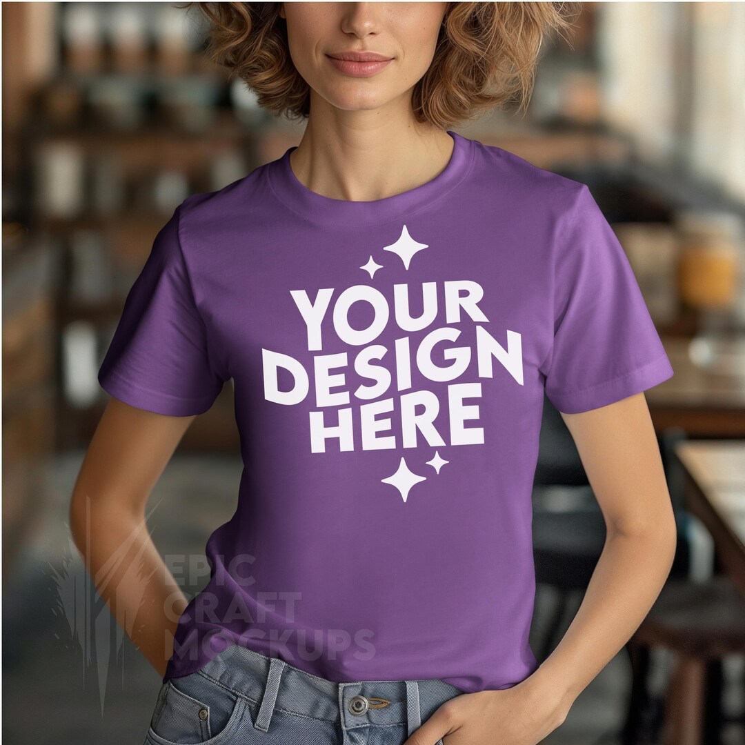 Royal Purple Bella Canvas 3001 Mockup Tshirt Woman Indoors Coffee Shop ...