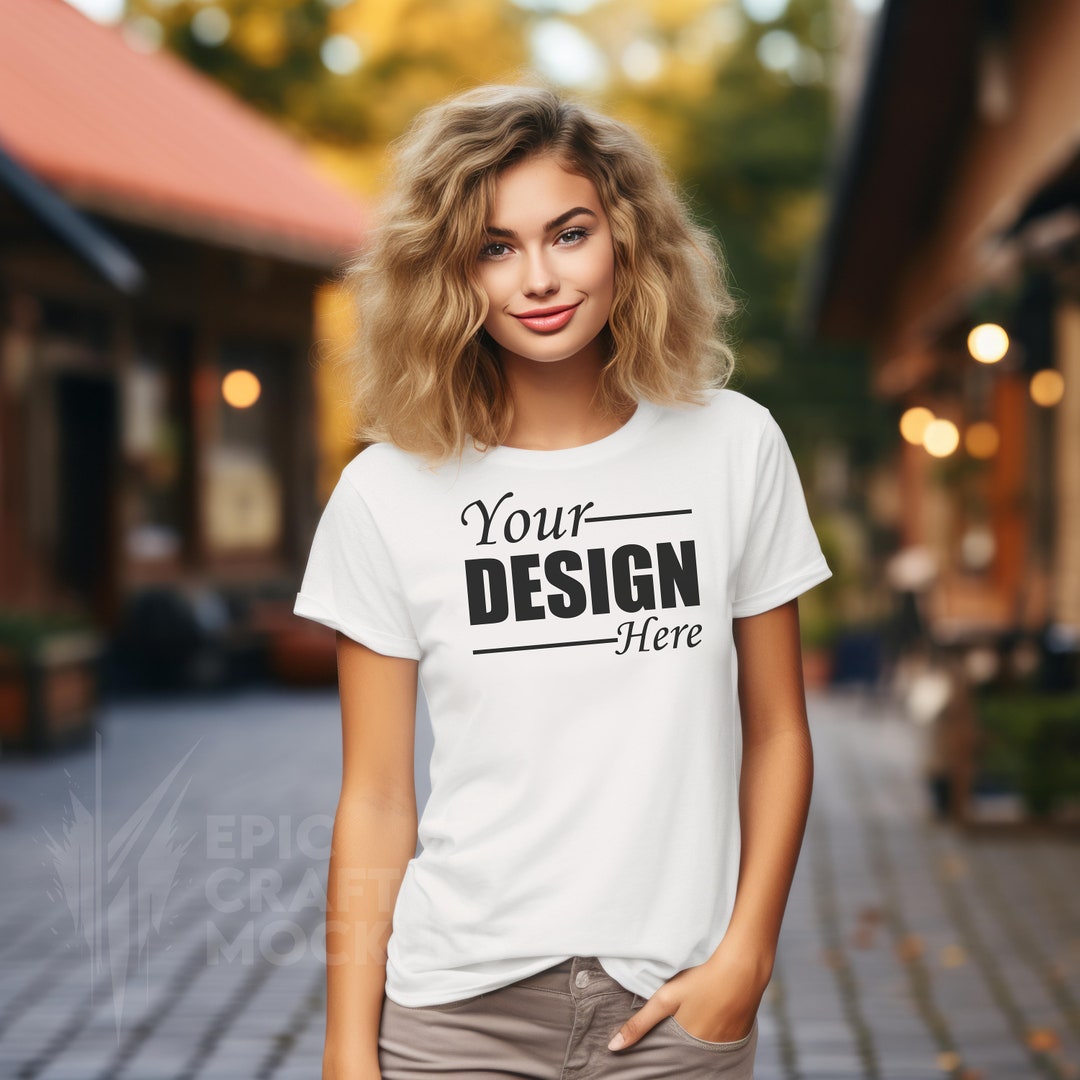 Gildan 64000 Mockup Woman White Tshirt Mockup Outdoor Street Cozy ...