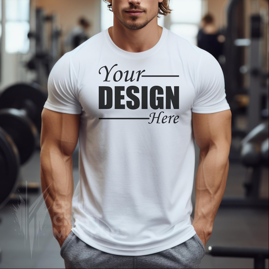 Gildan 2000 Mockup White Tshirt Mock Muscular Man at Gym, Men T-shirt ...
