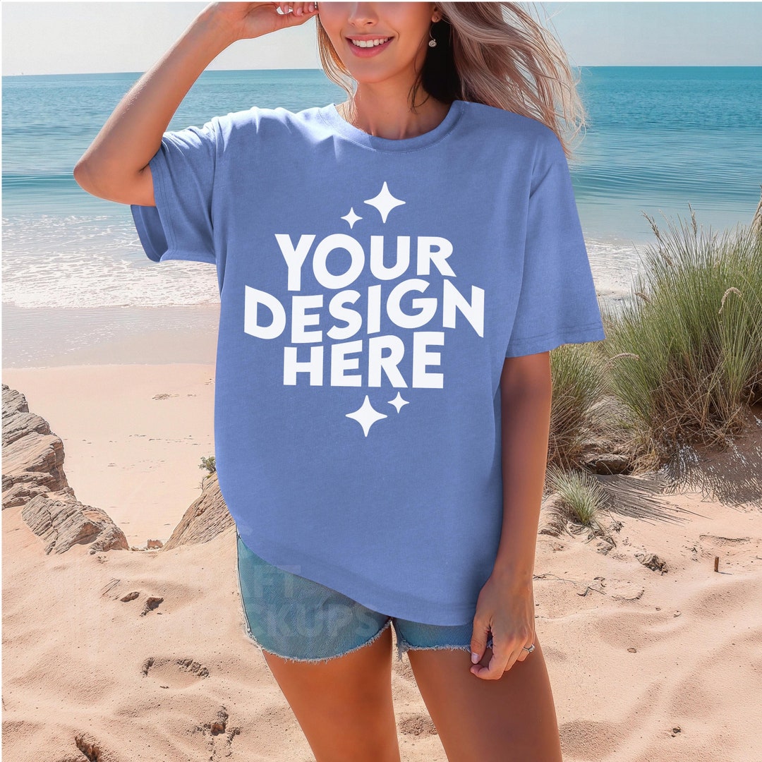 Mystic Blue Comfort Colors 1717 Mockup Summer Beach Woman Oversized ...