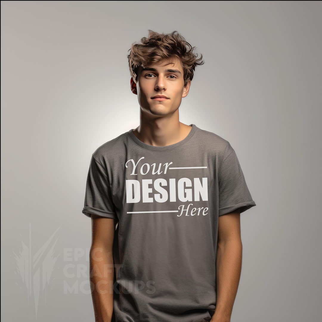 Gildan 5000 Mockup Graphite Heather Gray Tshirt Man Model, Styled Shirt ...