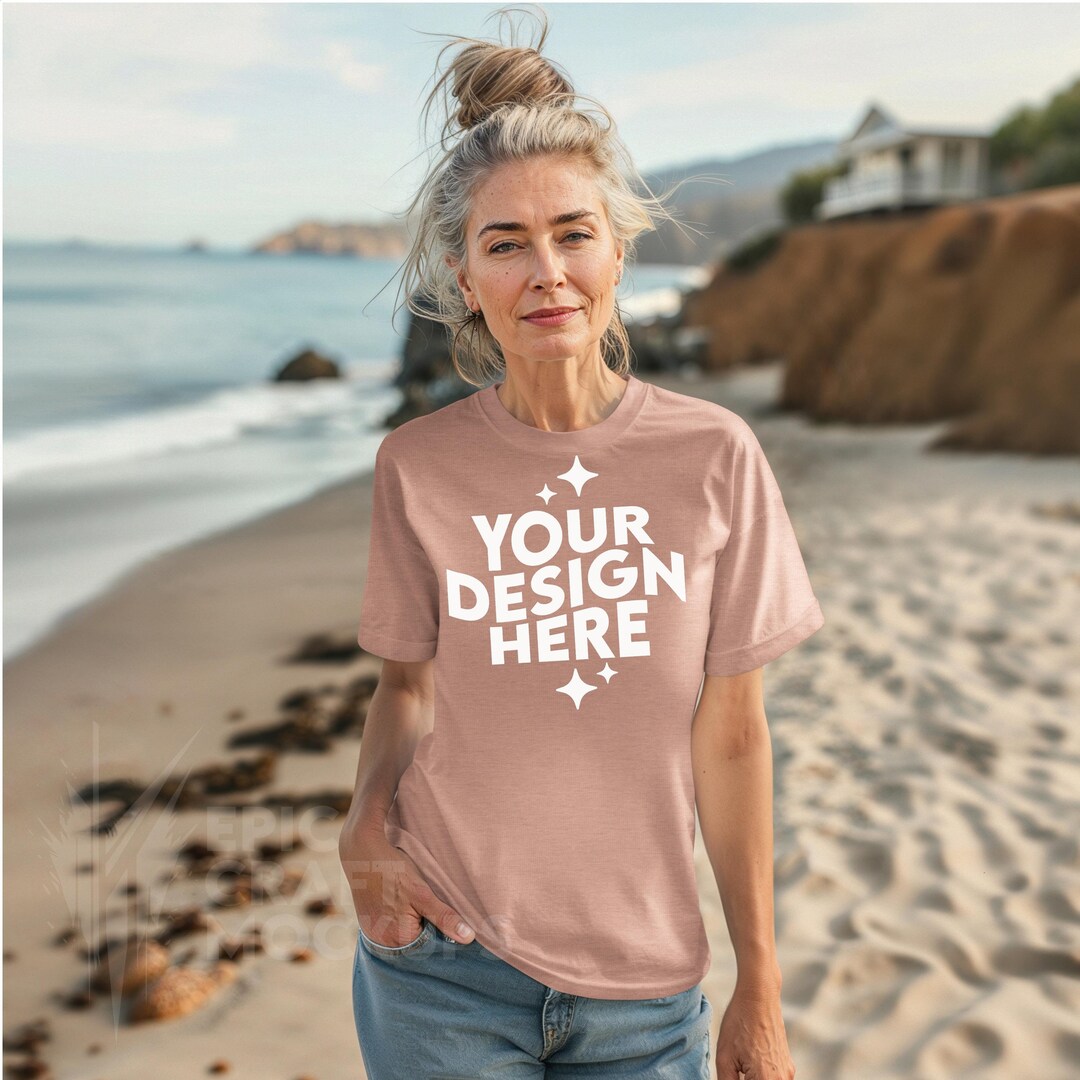 Heather Peach Senior Old Woman Bella Canvas 3001 Mockup Women Grandma ...