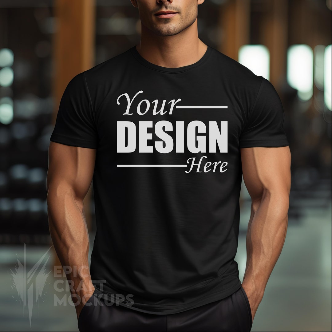 Gildan 2000 Mockup Black Tshirt Mock, Muscular Man Gym Styled Shirt ...