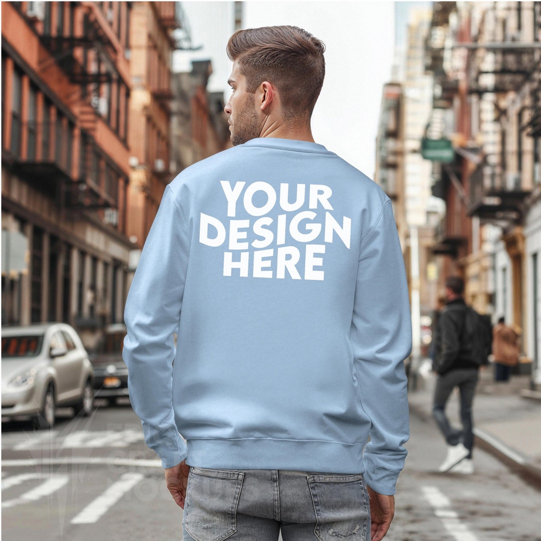 Light Blue Back Gildan 18000 Mockup Sweatshirt Man, POD G18000 Sweater ...