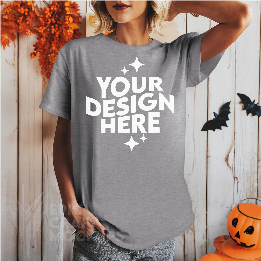 Graphite Heather Halloween Front Gildan 64000 Mockup Young Woman Tshirt ...