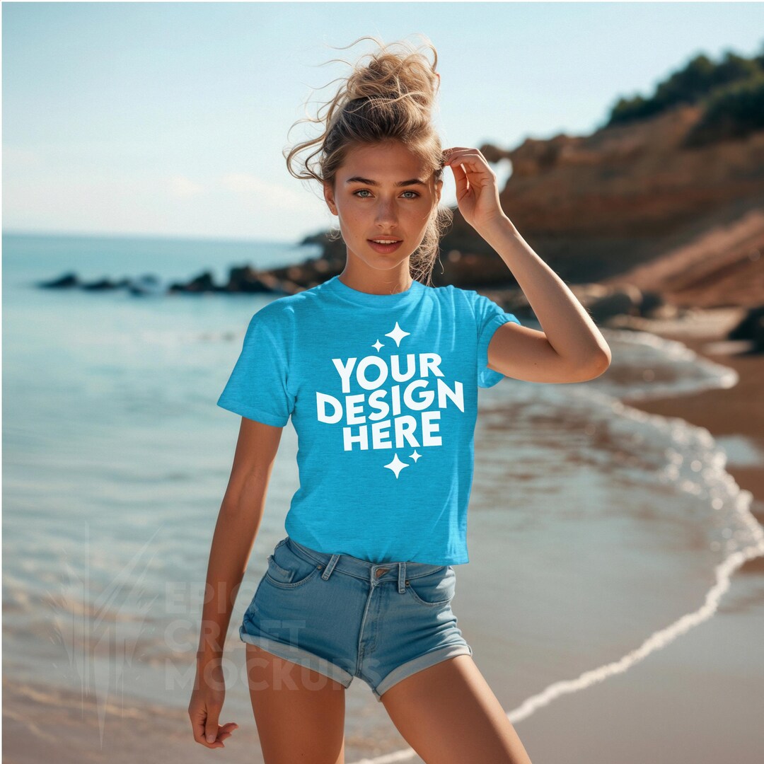 Heather Sapphire Gildan 64000 Mockup Front Summer Beach Woman Tee ...